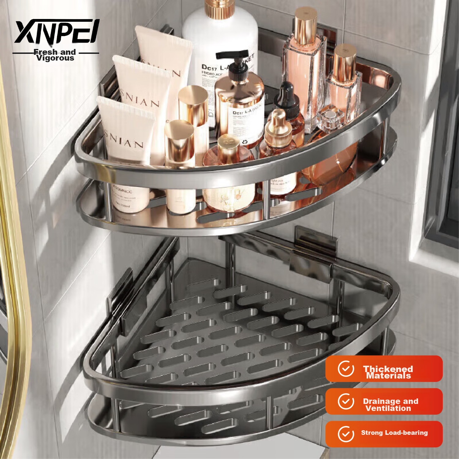 Xinpei Space Aluminum Bathroom Storage Rack, No Drilling Required, Bathroom Vanity Corner Shower Toilet Washroom Triangular Shelf Basket