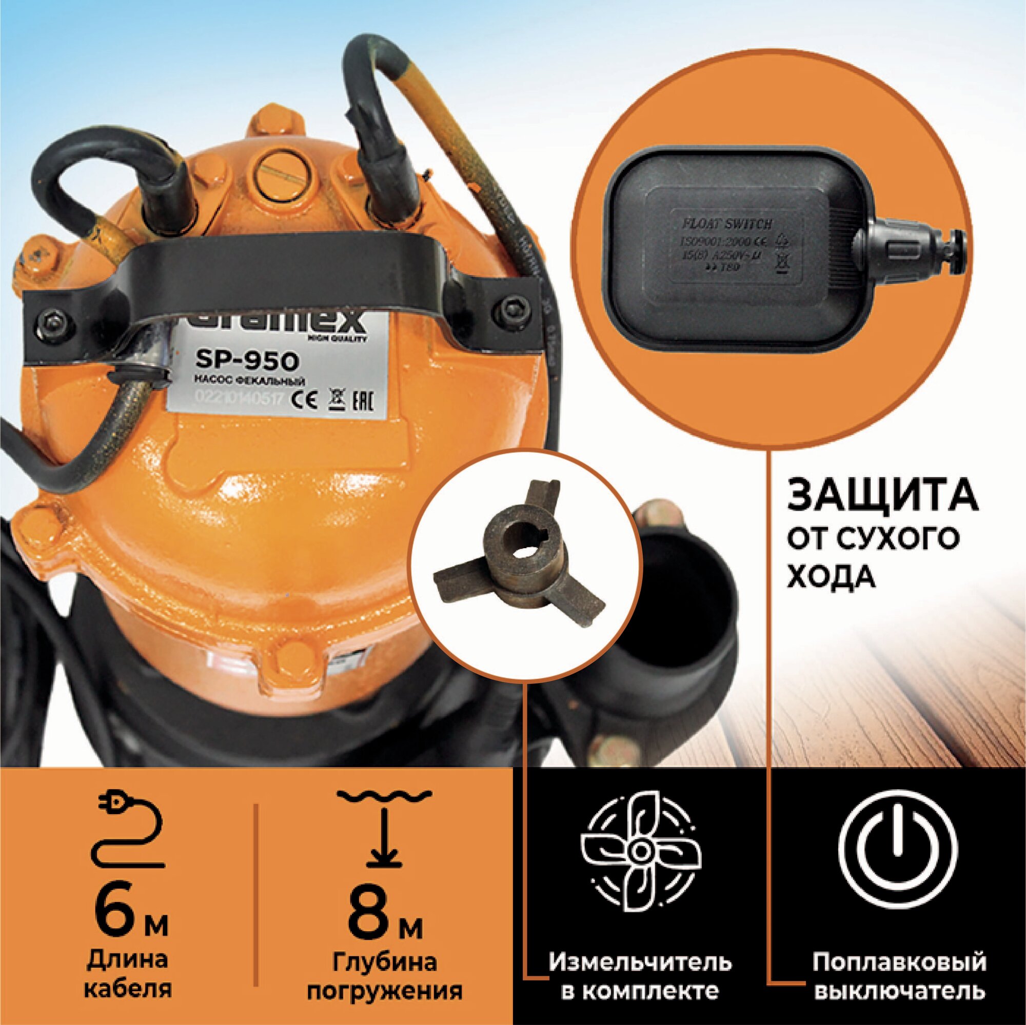 Погружной насос дренажный фекальный с измельчителем и поплавковым выключателем GRAMEX SP-950, 220 В