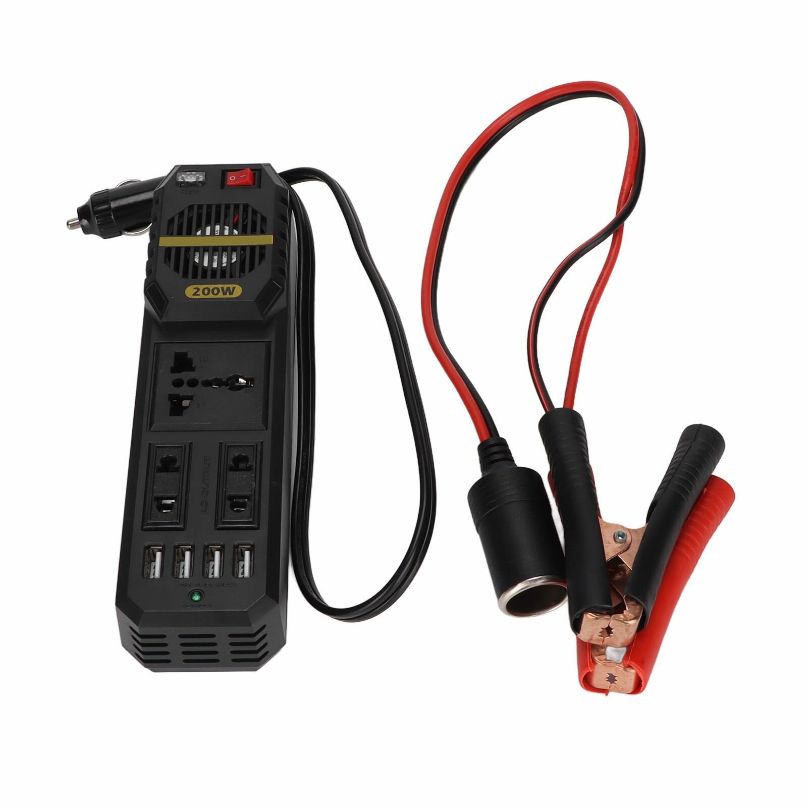 Автомобильный инвертор от 12 В до 220 В, преобразователь напряжения 200 Вт, трансформатор напряжения с адаптером для зажима аккумулятора
