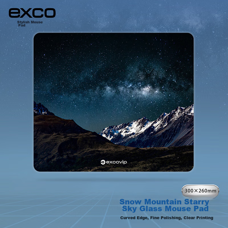 EXCO Glass Mouse Pad, Professional Gaming Photovoltaic Mouse Pad, Hard Keyboard Desk Pad, Computer Office Laptop Large Pad 300*260mm, Snow Mountain Starry Sky 0161