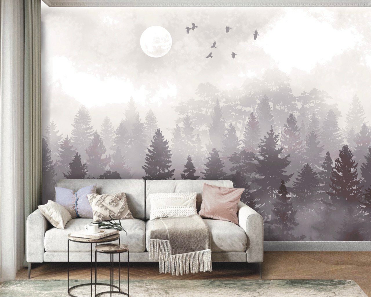 Фреска бесшовная "Туманный лес" серо-розовый (ширина 2750мм х длина 2500мм)