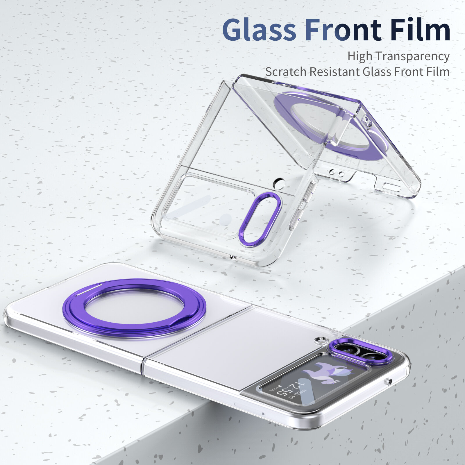 Подходит для Samsung Galaxy Z Flip4 / Самсунг Галакси Z Flip4 Чехол для смартфона, складной подставкой для телефона и защитной пленкой для экрана, Z Flip 4, подставка, прозрачный,360° Полная защита,