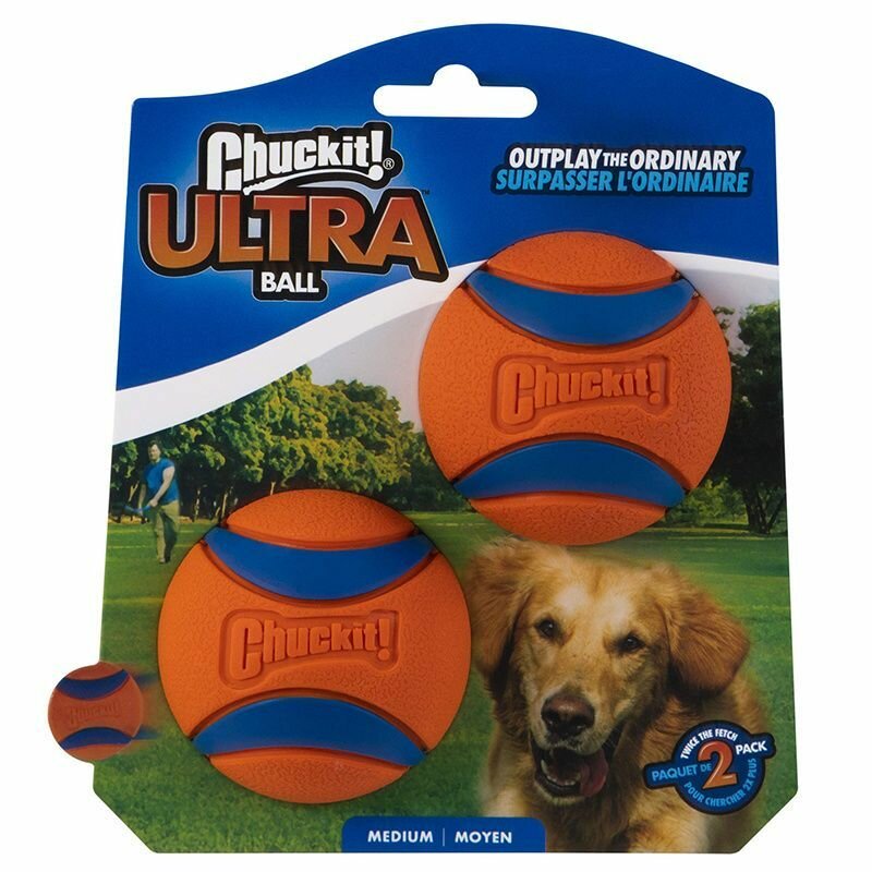 Chuckit Ultra Ball M Toy, Интерактивный игрушечный мячик для средних и крупных собак, 64 мм, 2 шт. в упаковке