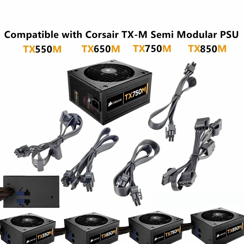 TX850M TX750M TX650M TX550M Новый модульный кабель, GPU PCIe 8-контактный, 6+2-контактный, CPU 4+4-контактный, SATA Molex IDE 4-контактный, ATX 24-контактный