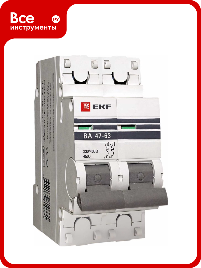 Автоматический, EKF, двухполюсный выключатель EKF 10А С ВА47-63 4.5кА PROxima mcb4763-2-10C-pro, пластиковые