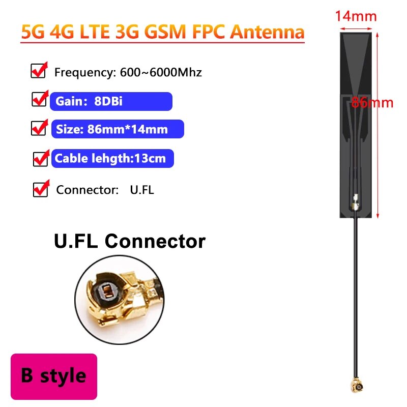 10 шт. 5G 4G LTE 3G GSM внутренняя FPC печатная плата патч-антенна 600 ~ 6000 МГц Omni WiFi 8 ~ 10DBI повышение сигнала антенны U.fl, 10PCS U.FL 13cm FPC