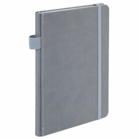 Блокнот А5 135x212мм BRAUBERG "Soft touch" под кожу, резинка, держатель, 80л клетка, серый, 117146