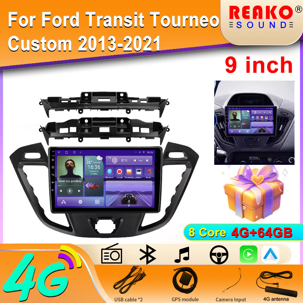 Магнитола для Ford Transit Tourneo Custom 2013-2021 , с камерой заднего вида. QLED экран 9 дюймов, Wifi 2din с сенсорным экраном, usb и блютузом.