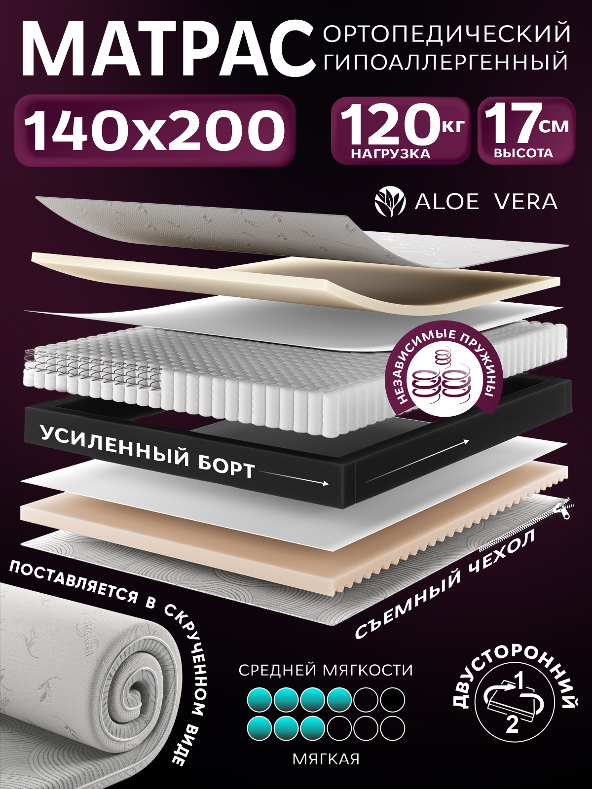 Ортопедический матрас 140х200 см на кровать, рулонный, независимый пружинный блок, съемный чехол Ами Мебель