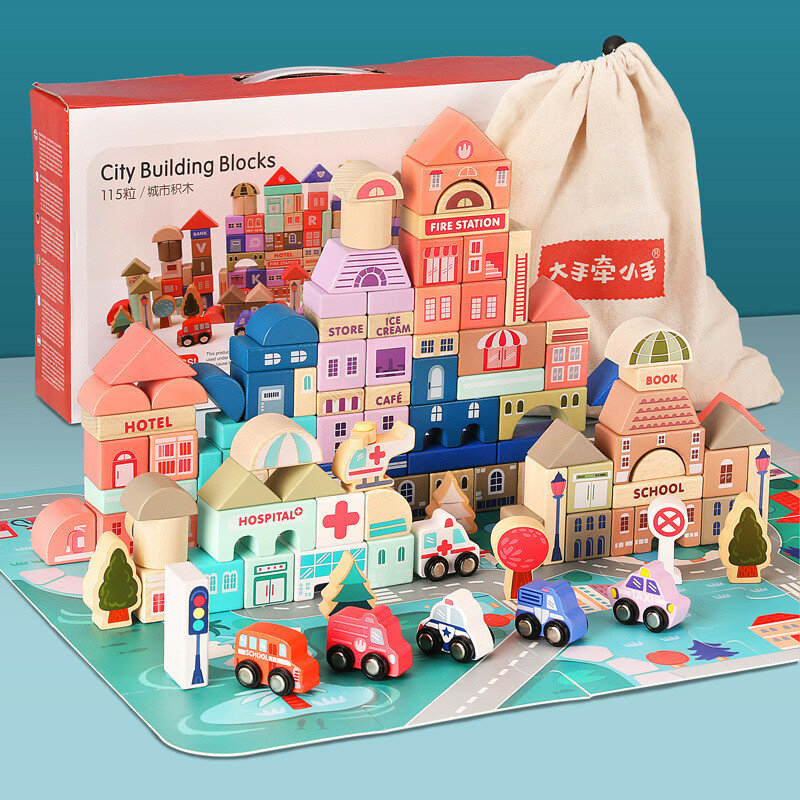 Wooden city sunshine building blocks for kids educational stem toy with handeye coordination city box