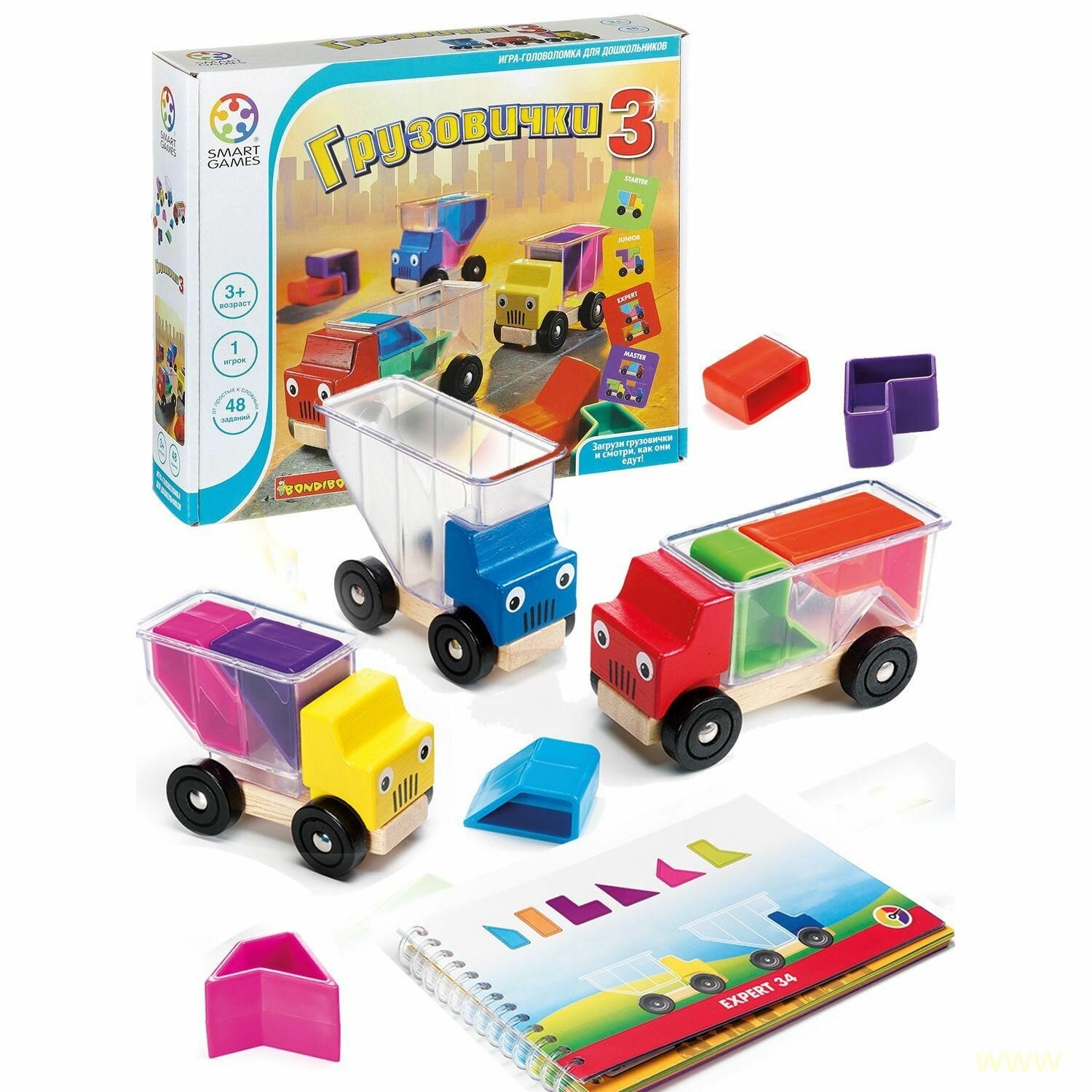 Логическая игра сортер Bondibon головоломка "Грузовички" деревянная развивающая игрушка Монтессори для детей на развитие мелкой моторики / Подарок ребенку