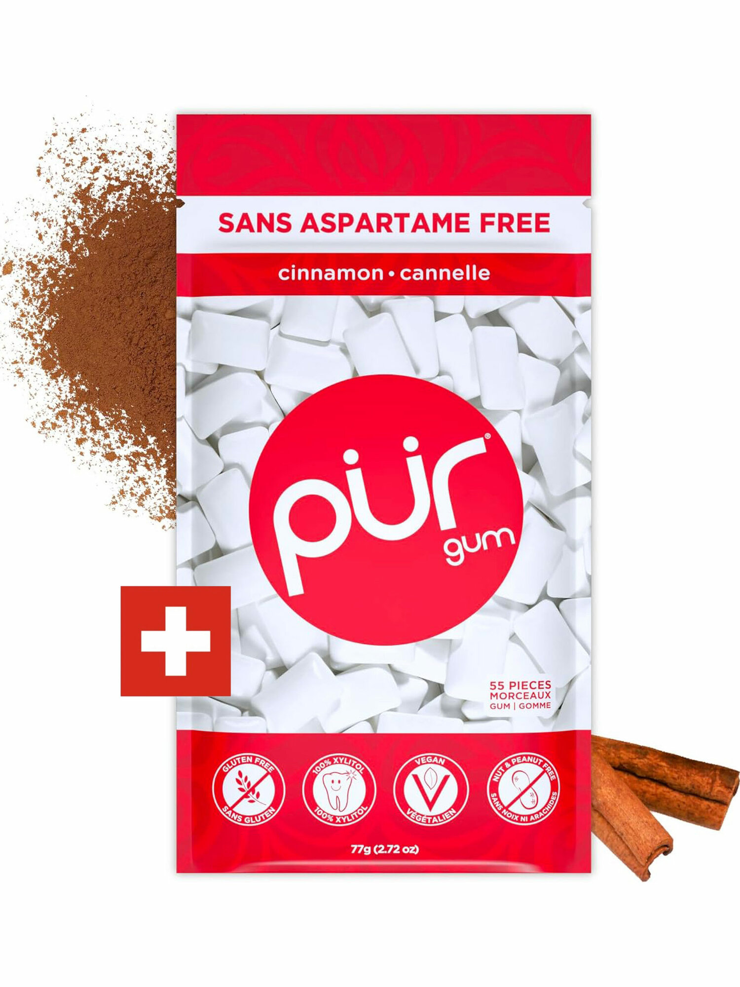 Натуральная жевательная резинка PUR Gum, без сахара, Корица, 55 шт