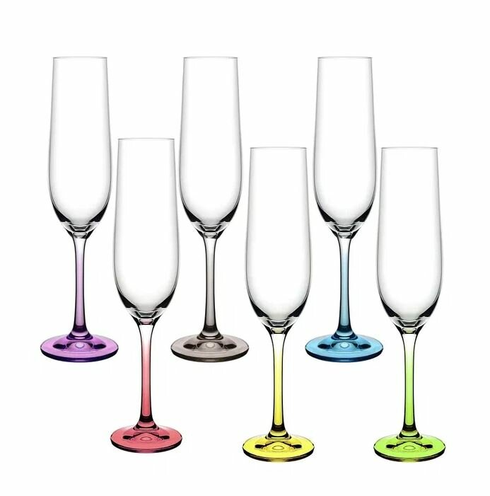 Набор бокалов для шампанского "Виола ассорти", цветные ножки 190 мл, 6 штук, Богемия, Crystallex
