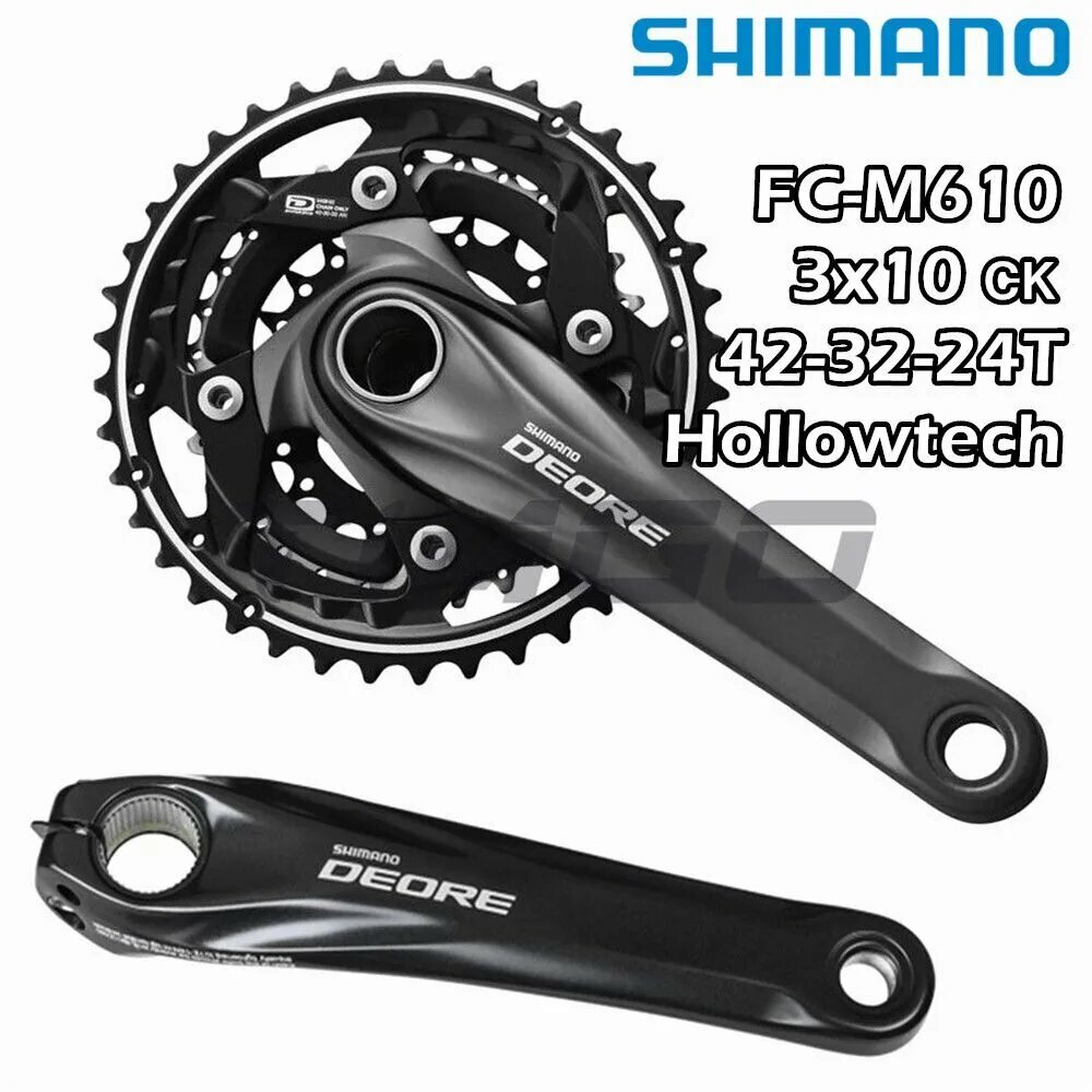 Система шатунов, Shimano Deore, FC-M610,3x10 скоростей, звезды 42-32-24T, HollowTech II, шатун 170мм, BCD 104/64мм
