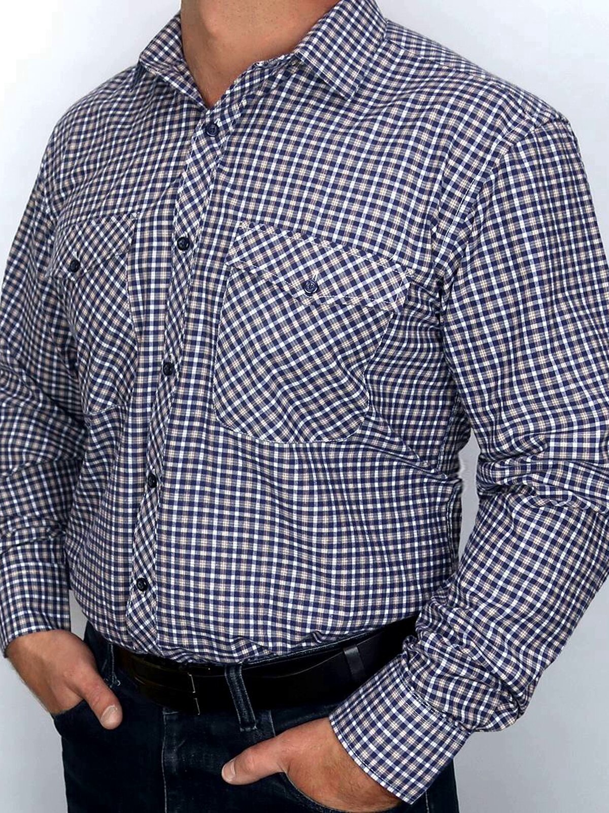 Рубашка Мужская рубашка с длинным рукавом прямая классическая, темная сорочка на пуговицах, рубаха на любой сезон, разноцветная клетка, с двумя карманами и клапанами, на любой сезон и на лето рубашка