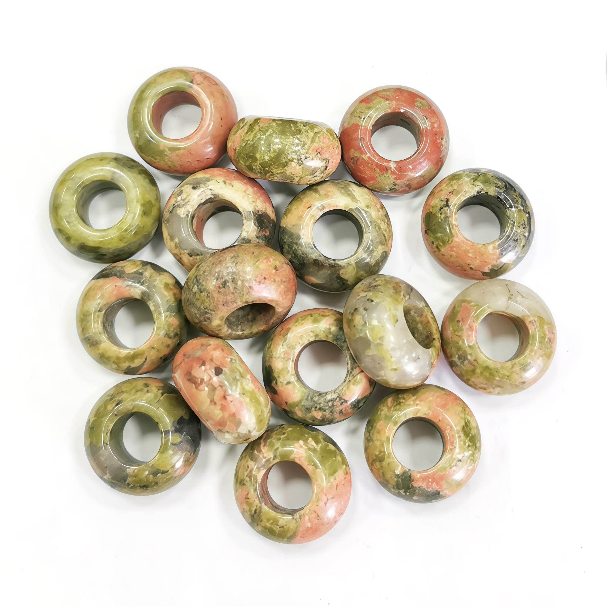 Бусина каменная, унакит, 14х8мм, рондель, с большим отверстием, 2 шт.