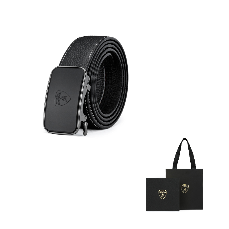 Automobili Lamborghini Cow Leather Belts Men's Black Width 3.4cm 130cm