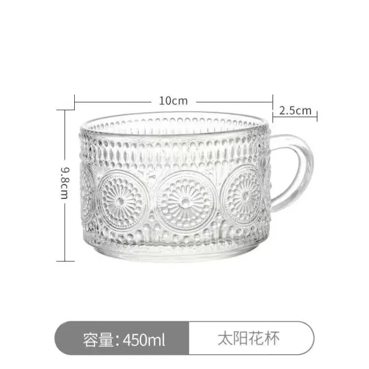 Стеклянная кружка с тиснением в скандинавском стиле с подсолнухом, чаша для завтрака из овсянки с ручкой, чашка большой емкости для молока, хлопьев, чаша для домашних предметов, 401-500 мл, Серебряный
