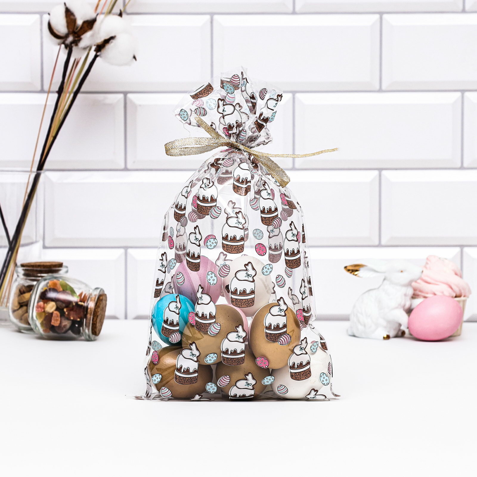 Пакет пасхальный подарочный "Куличи", для кулича и яиц, 20x35 см, 25 мкм, 50 шт.