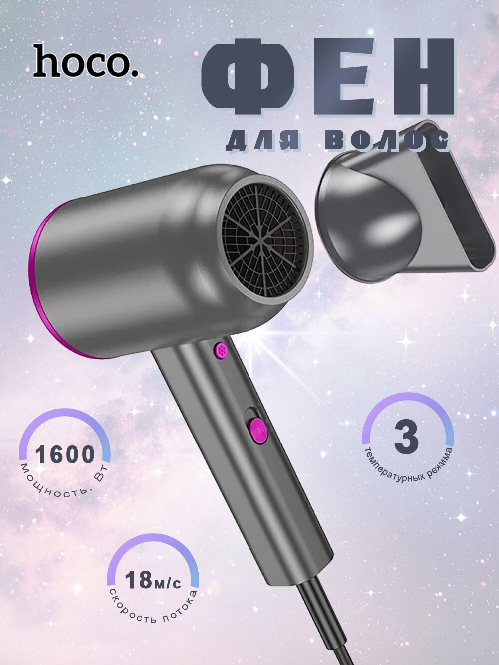 Фен для волос Hoco HP13 1600Вт складной, 2 скорости, ионизация, серый/розовый