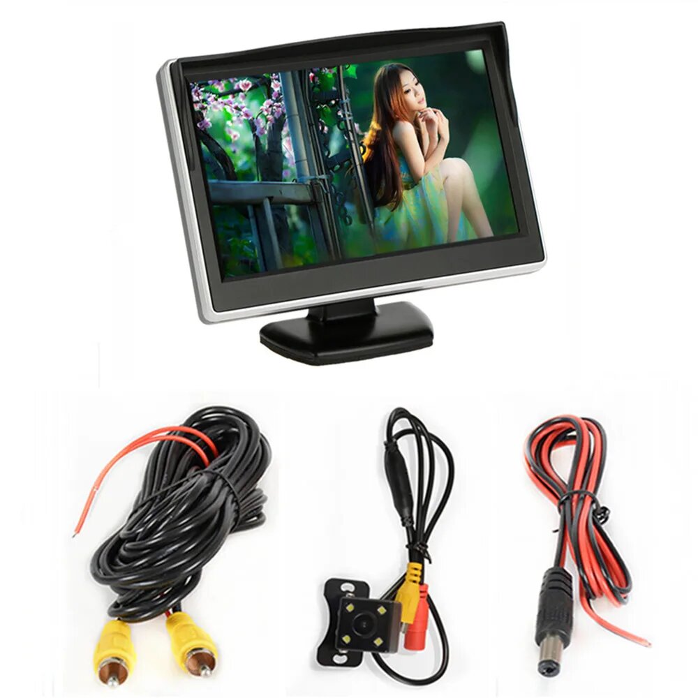 5-дюймовый TFT ЖК-экран Автомобильный монитор HD800*480 Монитор парковки заднего хода с 2 видеовходами, камера заднего вида опционально, Silver with camera05