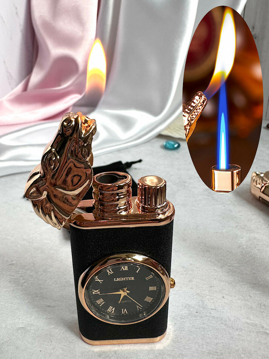 Пьезозажигалка "Лошадь" с часами, двойное пламя, черная