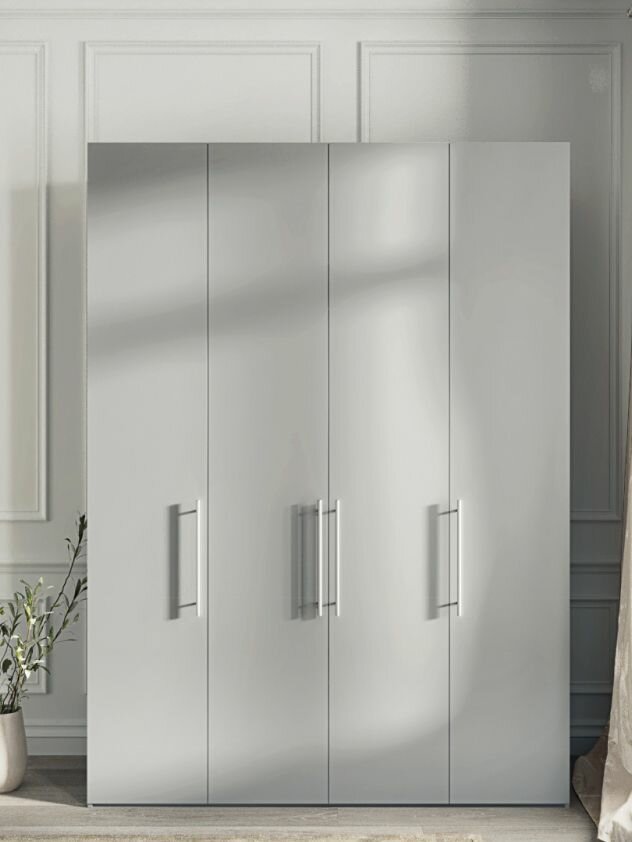 Шкаф для одежды с полками и 2 штангами Casa Mia 150x50x210 см. Н2-гладкий четырехстворчатый распашной, цвет Серый Манхеттен 540 PE, Ручка Boyard мебельная рейлинг 320мм нержавеющая сталь