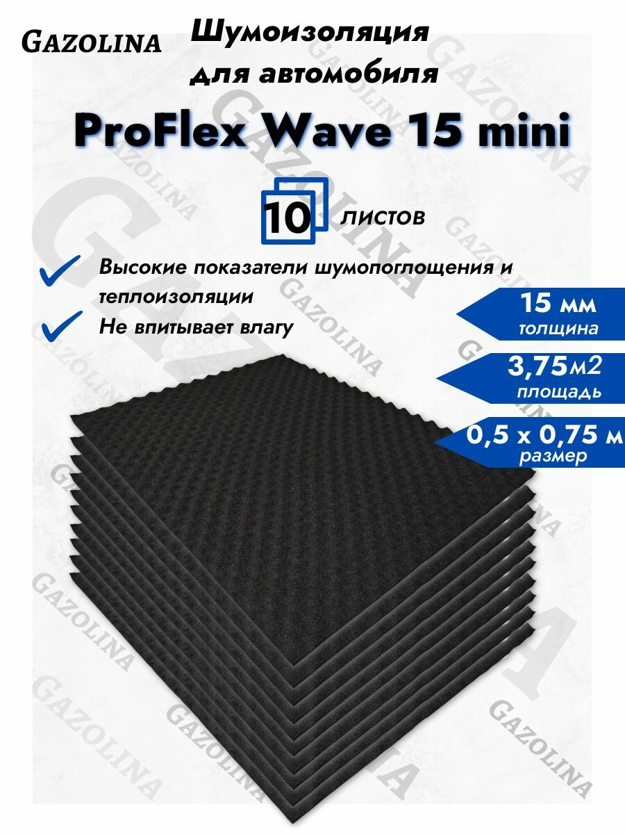 Шумоизоляция автомобиля ProFlex Wave 15 mini (0,5 м х 0,75 м) 10 л/Вспененная резина Волна / Теплоизоляционный материал