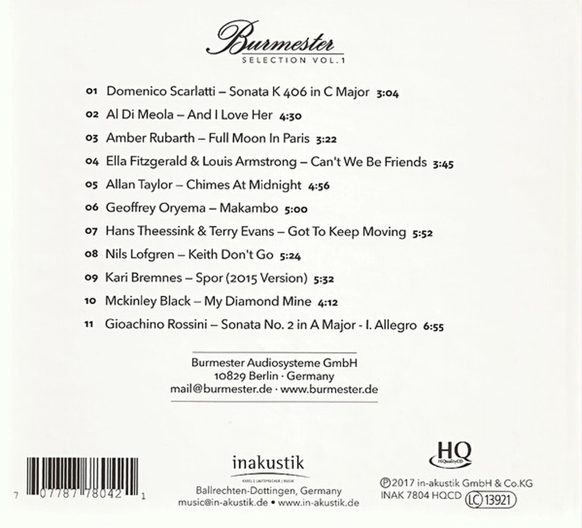 Компакт-диск Inakustik Burmester Selection, Vol. 1, 2017 год, Германия — фото 1