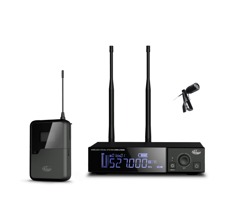 Радиосистема Октава OWS-U1200L01, с поясным передатчиком и петличным микрофоном, поставляется в картонной коробке.