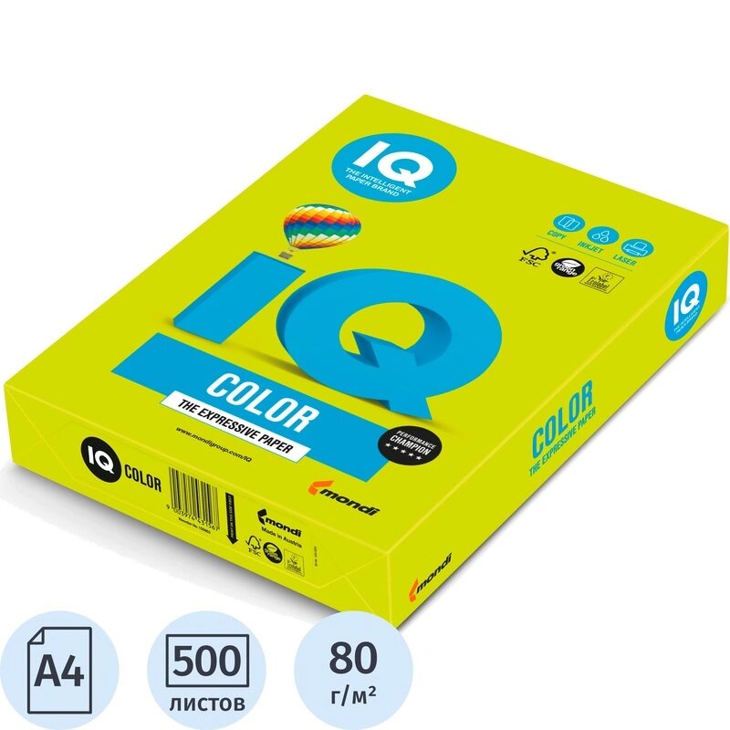 Бумага цветная IQ COLOR (А4,80г, NEOGN-зеленый неон) пачка 500л.