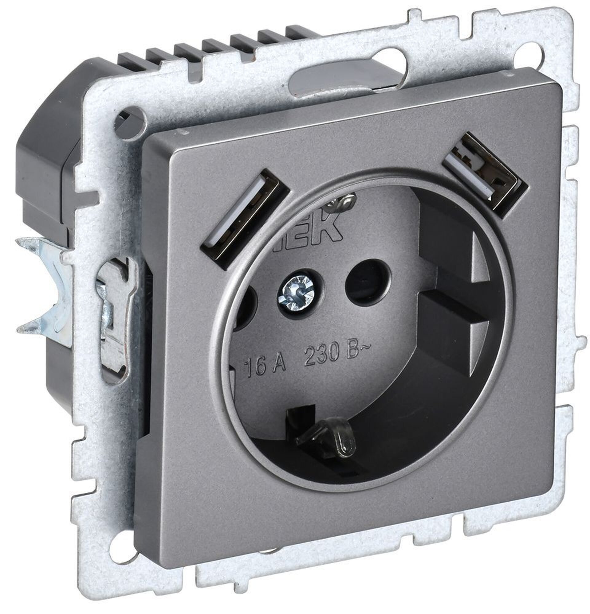BRITE Розетка одноместная с заземлением с защитными шторками 16А с USB A+A 5В 2,1А РЮш10-1-БрС сталь IEK