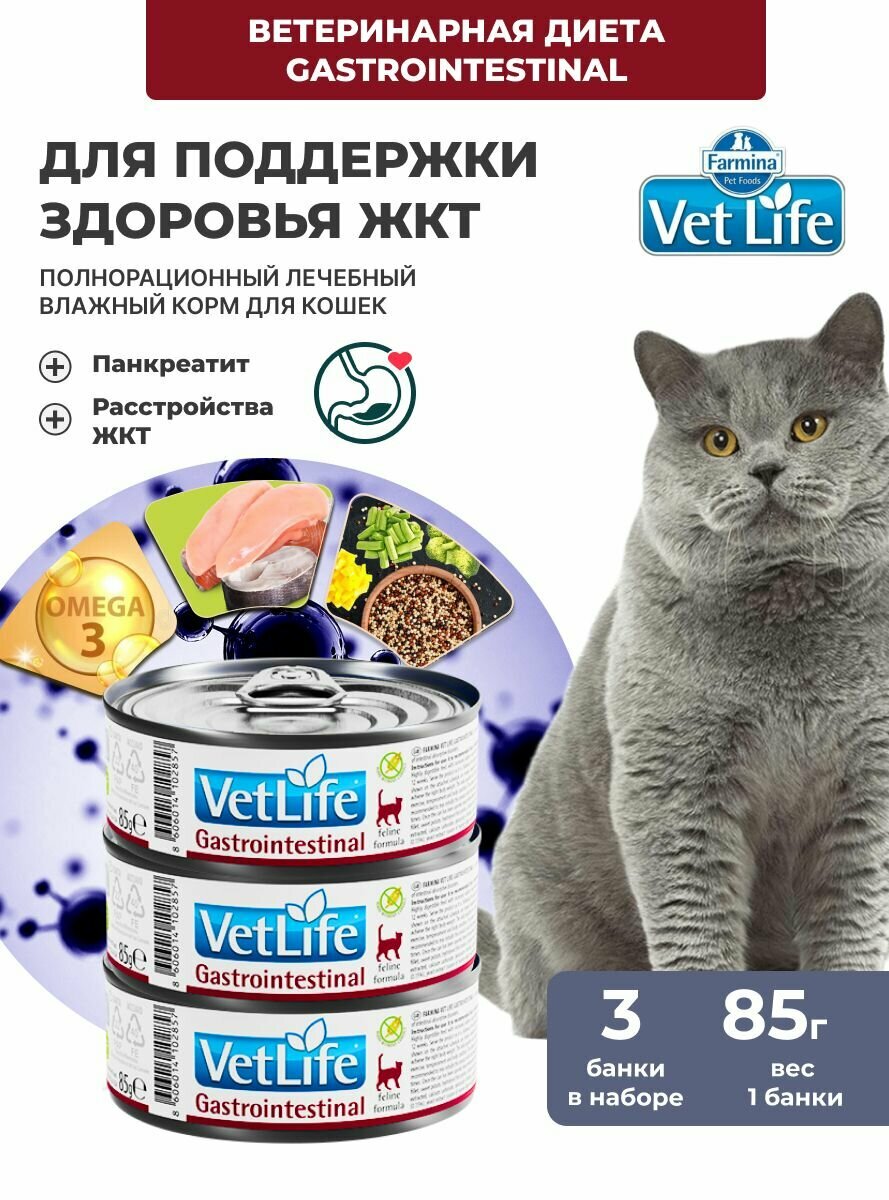 Vet Life При болезнях ЖКТ Для кошек 3 шт. х 85гр Gastrointestinal Влажный диетический корм farmina вет лайф Гастроинтестинал