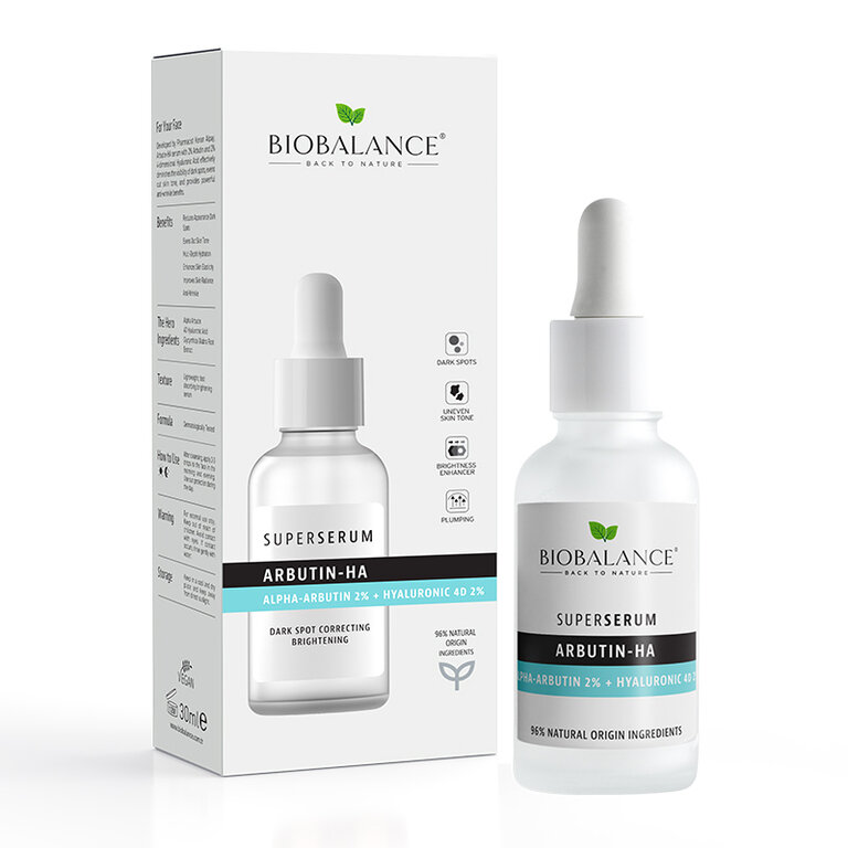 BIOBALANCE ARBUTIN-HA SUPER SERUM ALPHA -ARBUTIN + HYALURONIC 4D Сыворотка для лица с альфа-арбутином 2% + 4D гиалуроновой кислотой 2% 30 мл