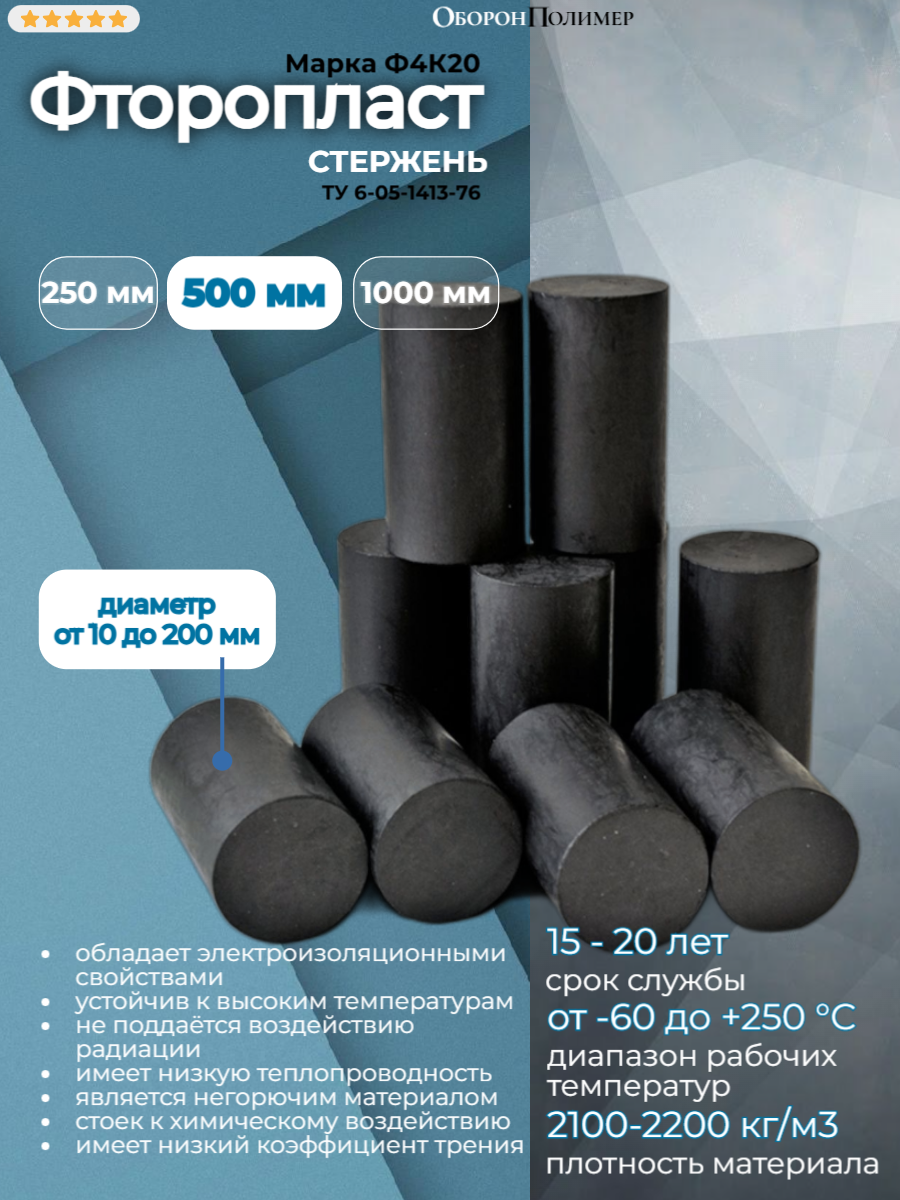 Фторопласт Ф4К20 стержень (круг, пруток) d 20 мм, L 500 мм