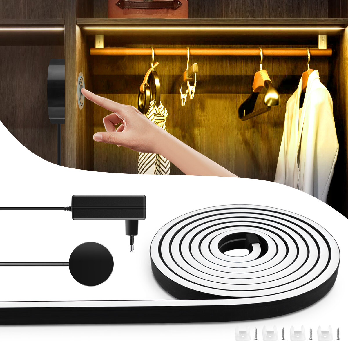 Силиконовая неоновая лента 24V с датчиком радара и сенсорным диммером DIY подсветка для кухни, шкафов и стен (черная, IP65)