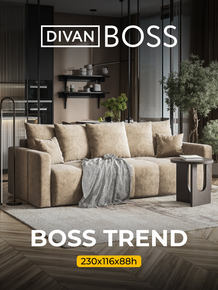 Диван раскладной BOSS TREND, прямой, в гостиную, Велюр Роял тауп, 230x116x88 см