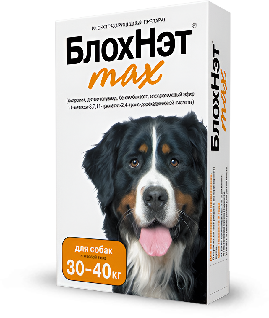 БлохНэт MAX инсектоакарицидный препарат от клещей, блох, власоедов капли для собак весом от 30 до 40кг, 4мл.