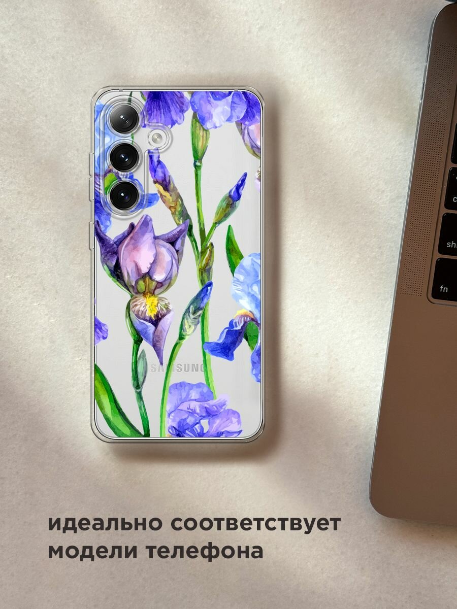 Чехол на Samsung Galaxy S24 / Самсунг S24 с принтом "Синие ирисы", прозрачный — фото 1