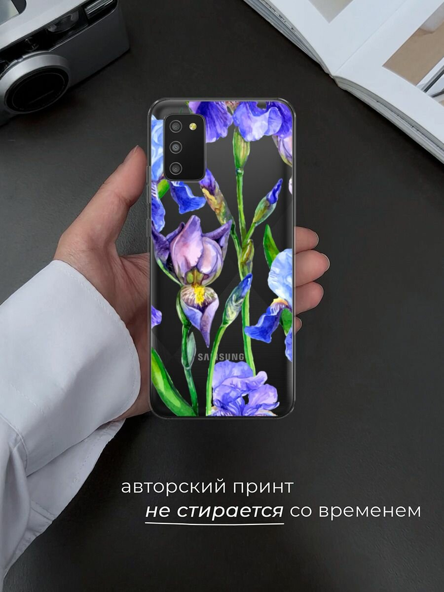 Чехол на Samsung Galaxy A02s / Самсунг Галакси A02s с принтом "Синие ирисы", прозрачный — фото 1