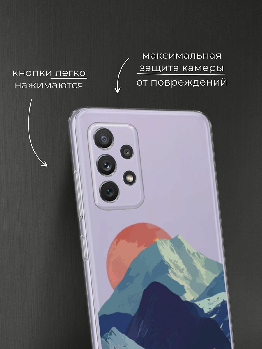 Чехол на Samsung Galaxy A73 / Самсунг Галакси А73 с принтом "Закат в снежных горах", прозрачный — фото 1