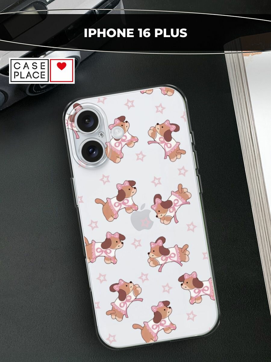 Чехол на Apple iPhone 16 Plus / Айфон 16 Плюс с принтом "Милый щенок с бантиком", прозрачный