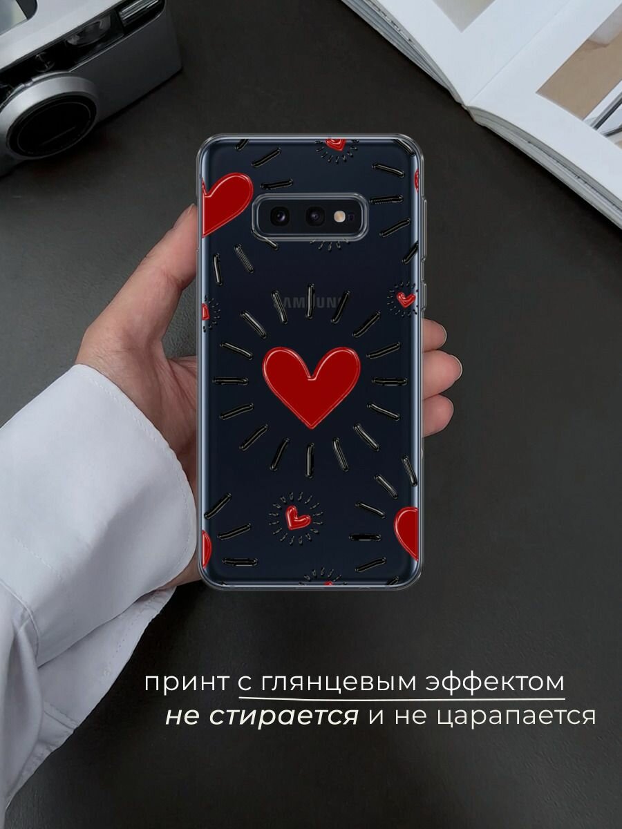 Чехол на Samsung Galaxy S10E / Самсунг Галакси S10E с принтом "Бордовые сердца паттерн" — фото 1