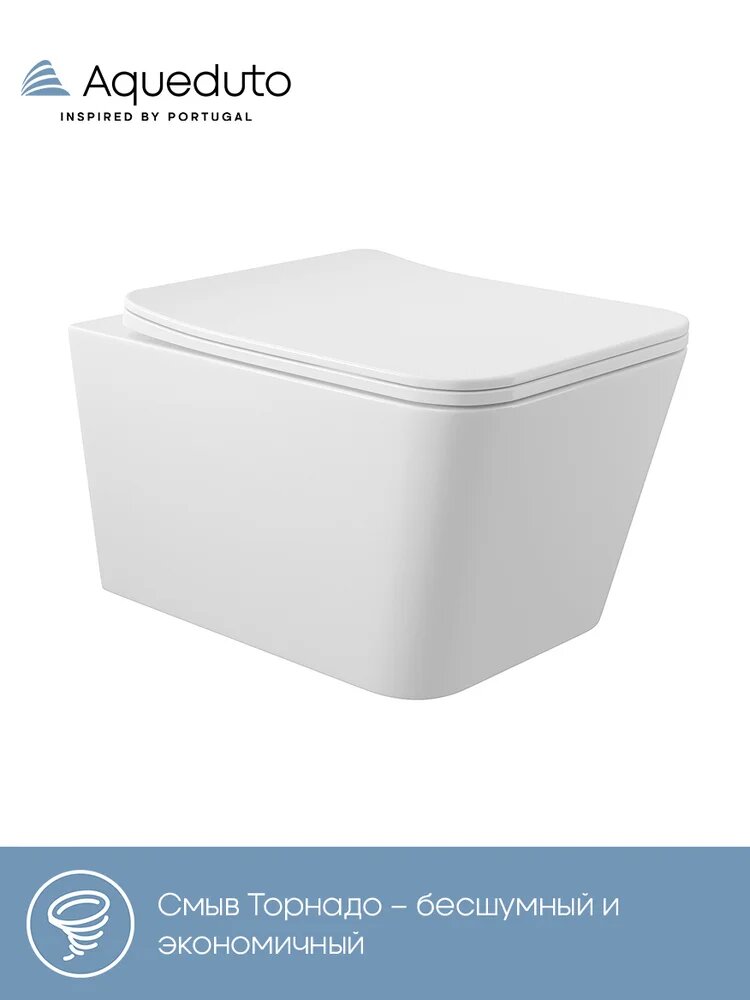 Унитаз подвесной Aqueduto Macio Tornado MACT2110 с микролифтом, безободковый, без бачка, антивсплеск, фарфоровый, белый, глянцевый, прямоугольный, сиденье для унитаза в комплекте