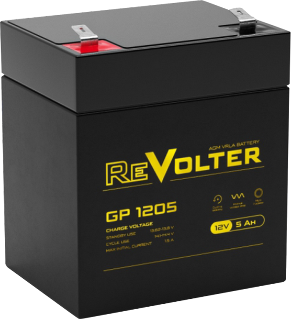 REVOLTER GP 1205 12В,  емкость 5Ач, клемма F2 (90х70х102мм (103мм); Срок службы 5лет; Гарантия 1г