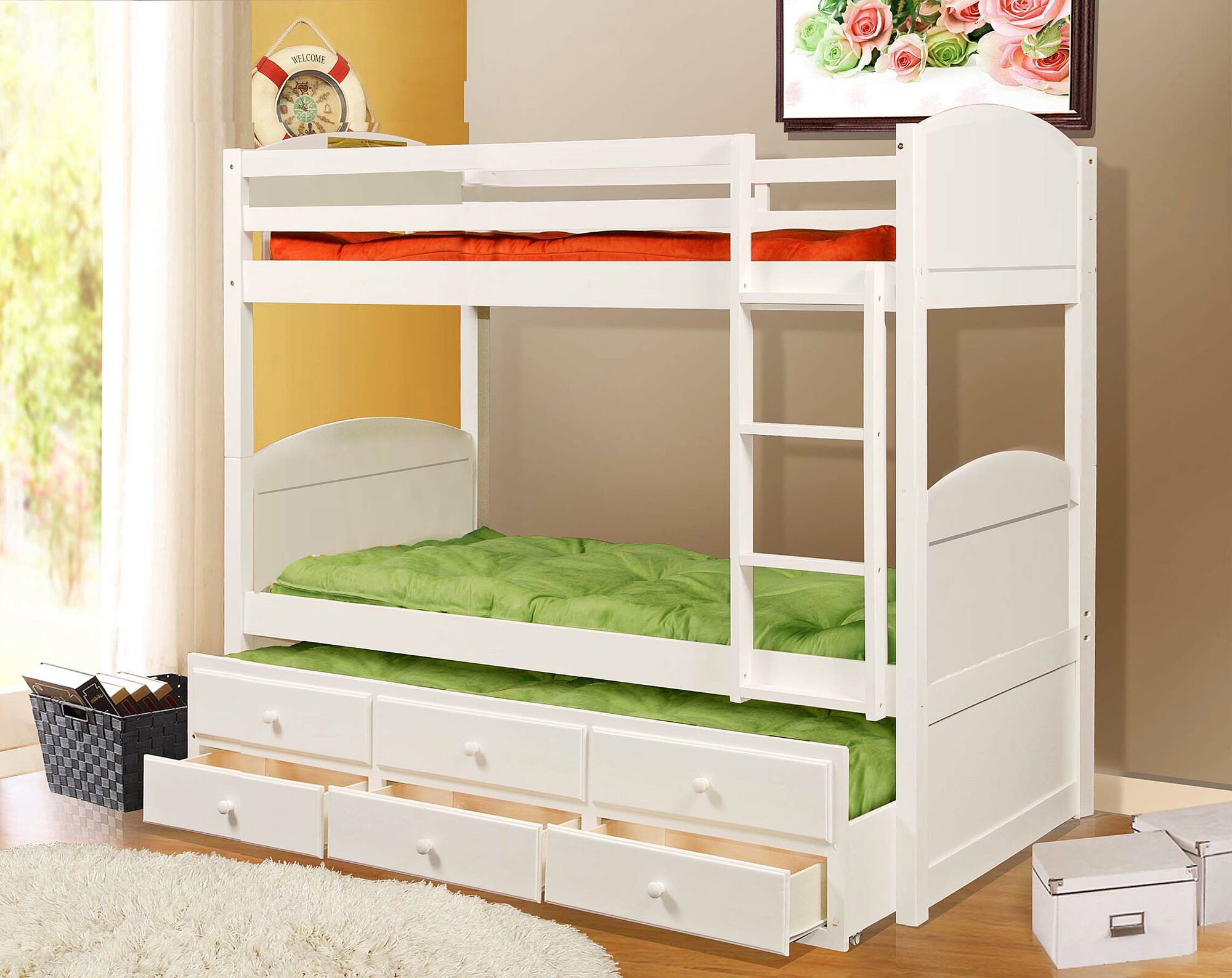 Кровать для трех детей агата №3, 80 см x 190 см, белая, ортопедическое дно, с ящиками на направляющих