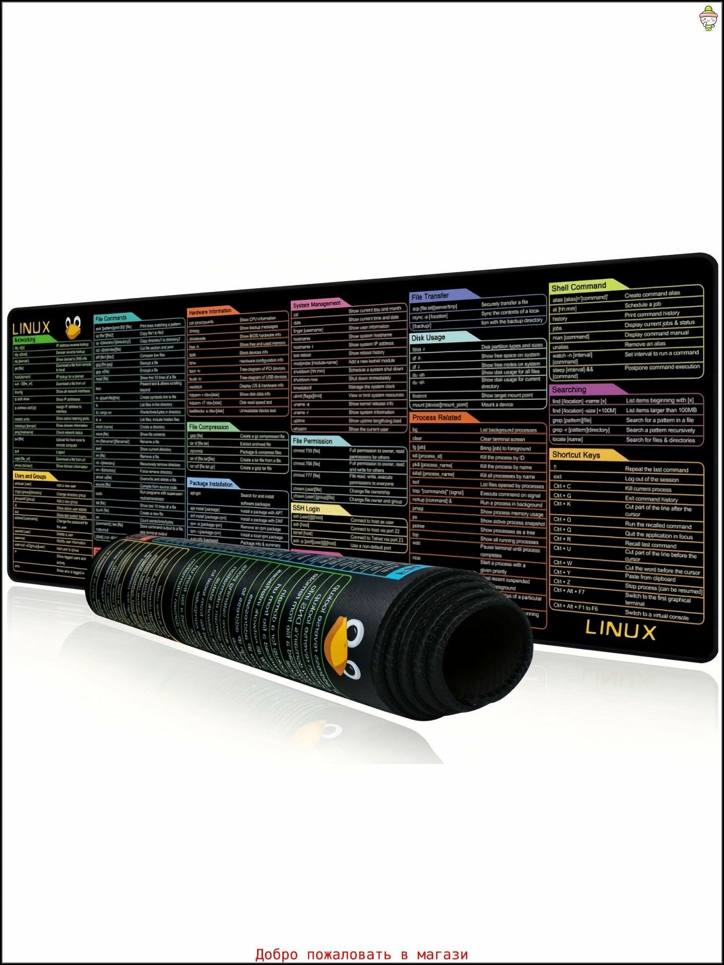 Коврик для мыши 800x300 мм с Linux горячими клавишами Для программистов (шпаргалка)