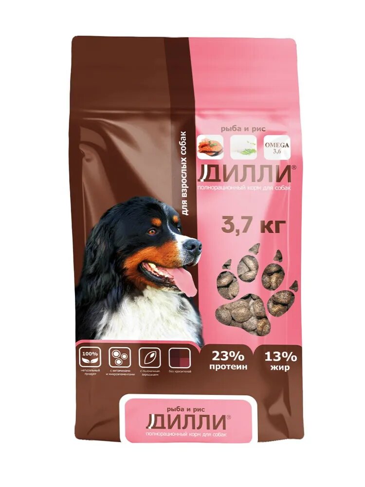 Сухой корм Дилли для взрослых собак, полнорационный, с рыбой и рисом, 3.7 кг