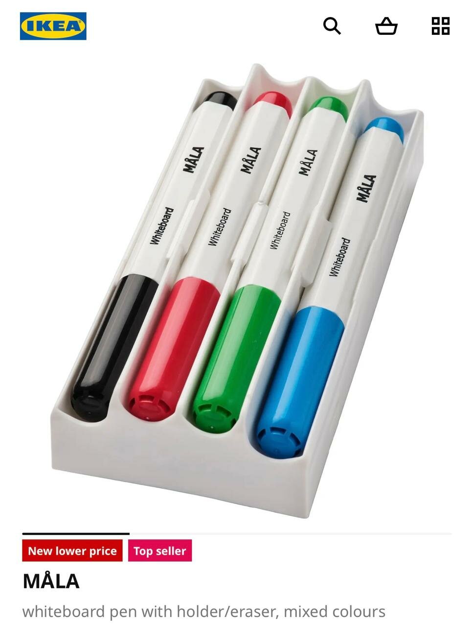 Фломастеры IKEA "MÅLA", стираемые, 4 цвета, для доски, с губкой для стирания