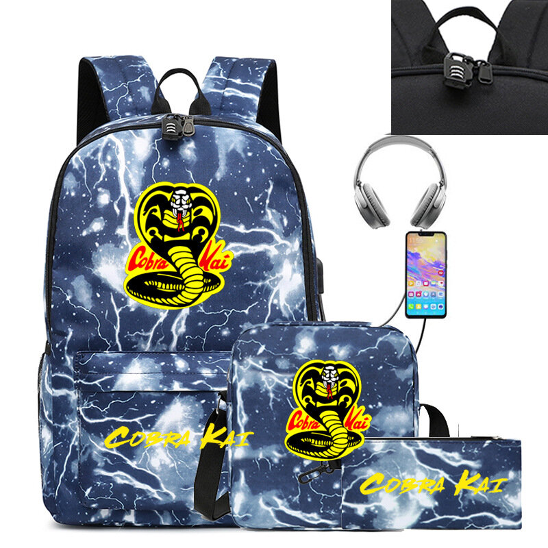 Новый американский сериал «Каратэ», детский рюкзак «Кобра», сумка для ручек, сумка на одно плечо, парусиновая школьная сумка из трех предметов 01